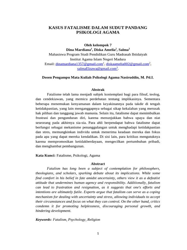 Kasus Fatalisme Dalam Sudut Pandang Psikologi Agama | PDF