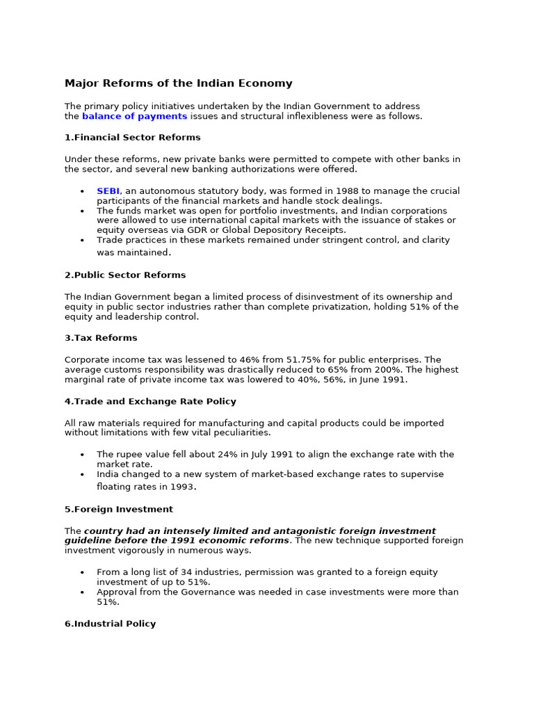 Indian Economic Reforms of 1991 Explained | PDF | Economic Growth ...