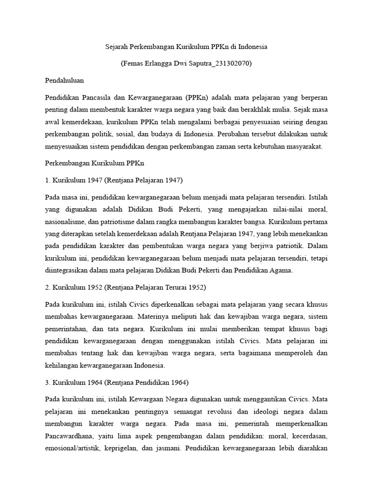 Sejarah Perkembangan Kurikulum PPKN Di Indonesia Femas | PDF