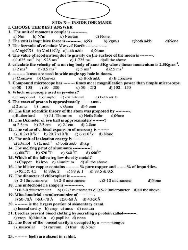 Namma Kalvi 10th Science Book Inside 1 Mark Questions em 218238 | PDF