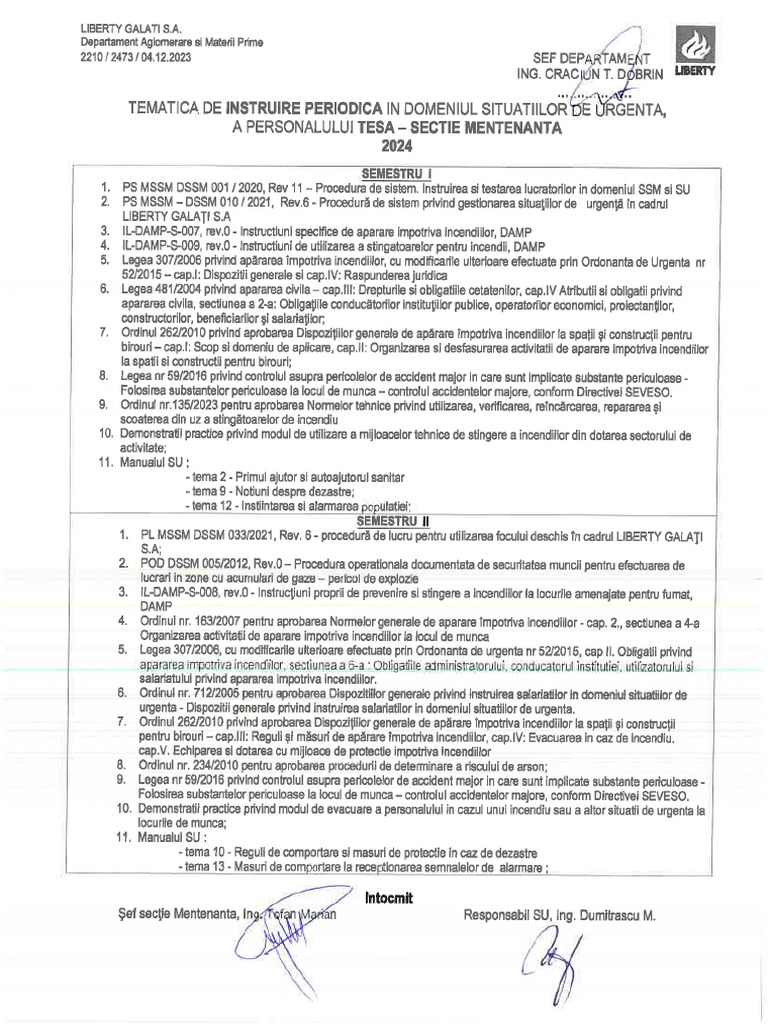 Tematica SU, Instruire Periodica - MENTENANTA, 2024 | PDF