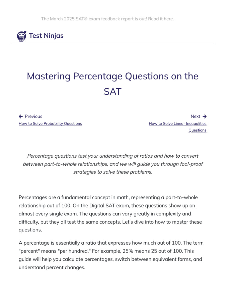 Mastering Percentage Questions On The SAT - Test Ninjas | PDF ...