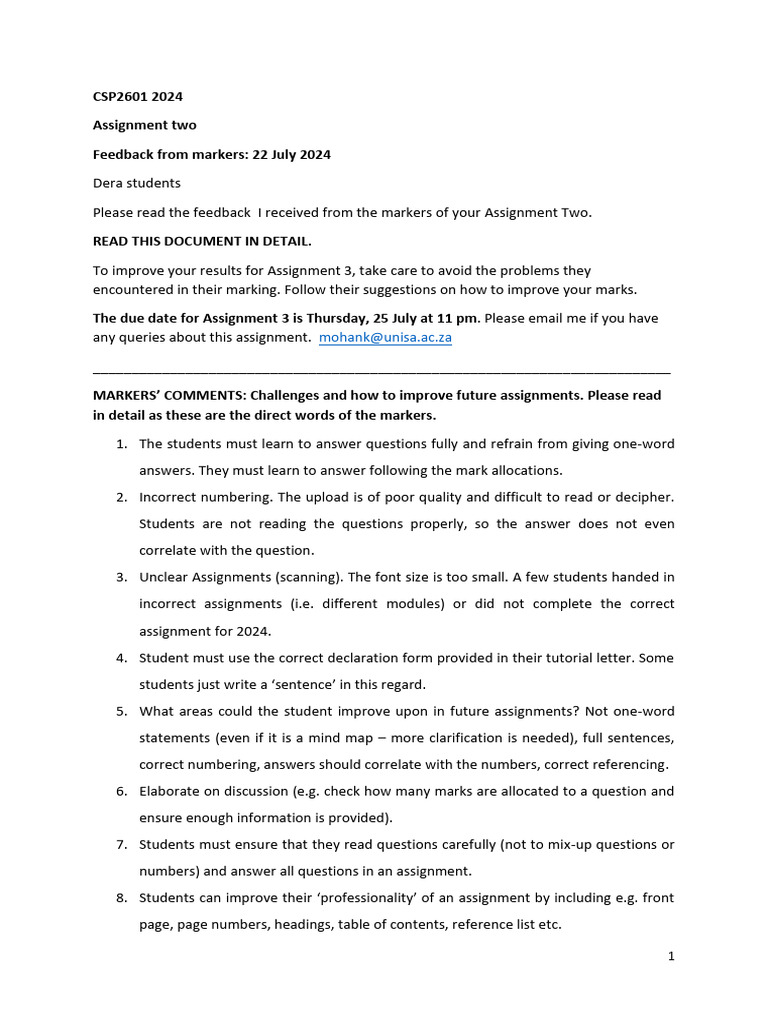 Assignment 2 Feedback for CSP2601 Students | PDF | Human Communication ...