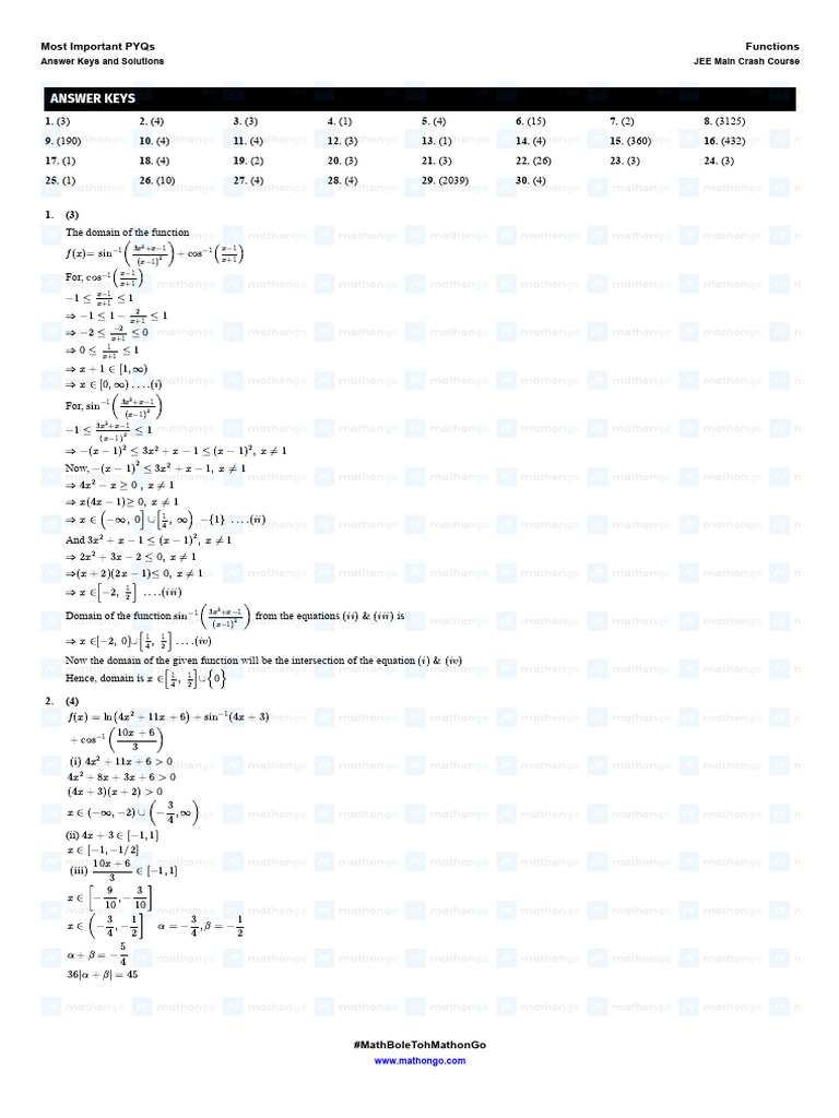 JEE Main Functions PYQ Solutions | PDF | Mathematics | Mathematical Objects