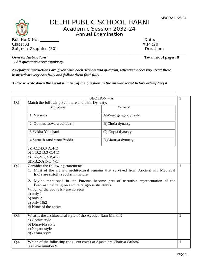 Class XI Graphics Exam Paper 2032-24 | PDF | Sculpture | Bronze