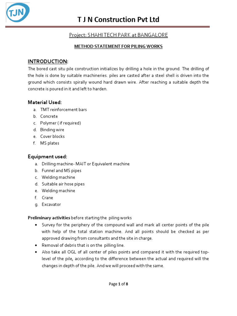 Method Statement - Piling Works | PDF | Deep Foundation | Concrete