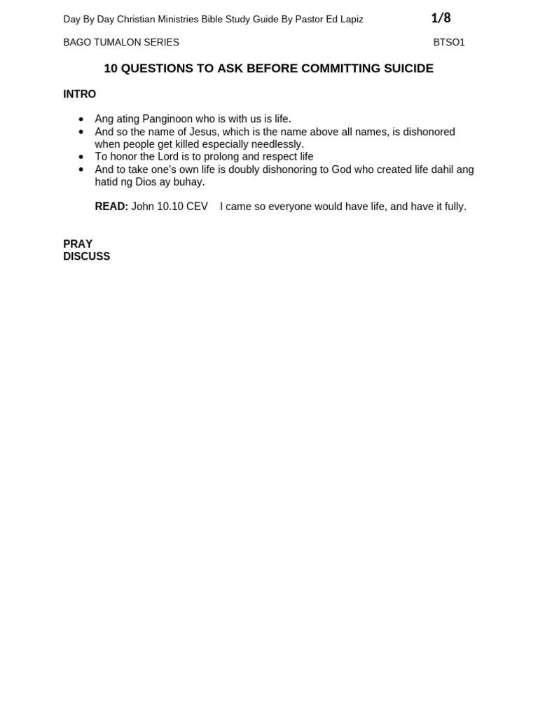 BTS01 10 Questions To Ask Before Committing Suicide | PDF