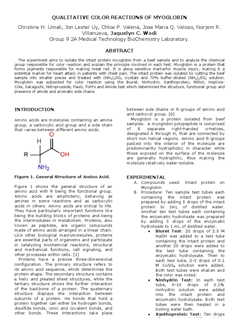 Myoglobin Color Reaction Analysis | PDF | Biomolecular Structure | Proteins