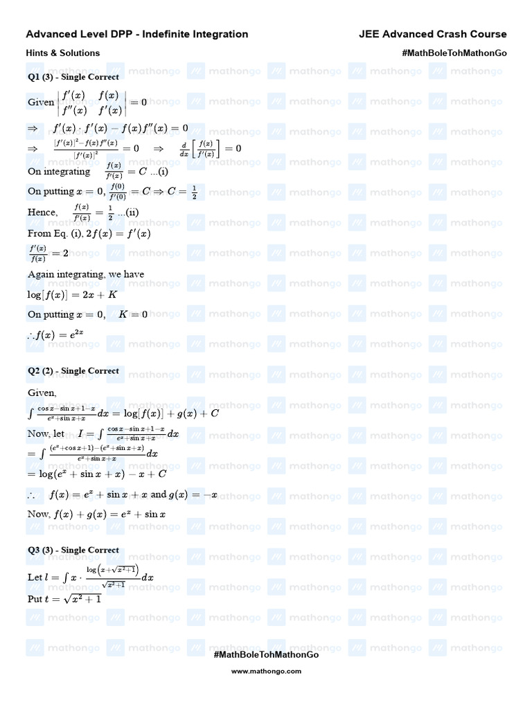 Advanced Level DPP Indefinite Integration Solution Mathongo | PDF | Mathematics