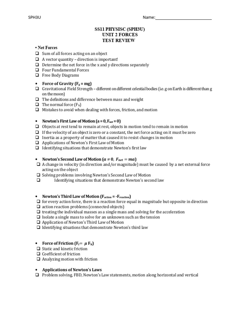 SPH3U Forces Test Review Guide | PDF | Force | Newton's Laws Of Motion
