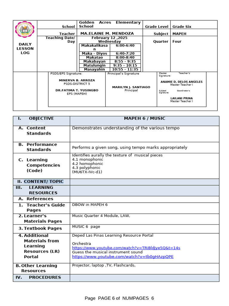 Grade 6 MAPEH Daily Lesson Plan | PDF | Tempo | Songs