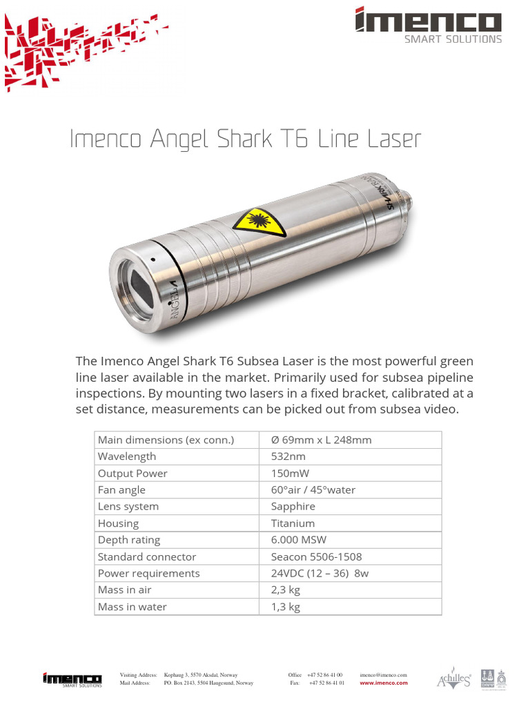 Imenco Angel Shark T6 Line Laser Data Sheet | PDF