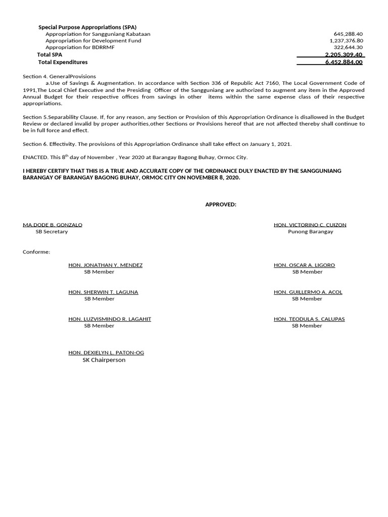 2ND PAGE APPROPRIATION ORDIANCE BUDGET 2021 | PDF | Legal Documents ...