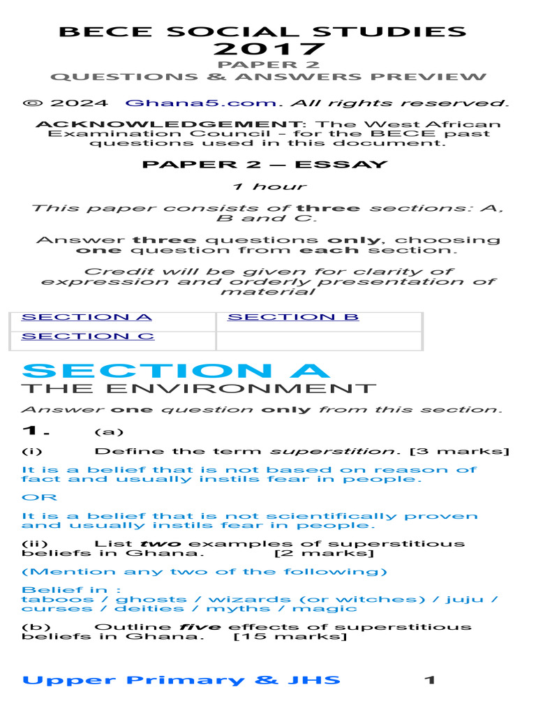BECE 2017 Social Studies P2 QA Preview | PDF | Superstitions