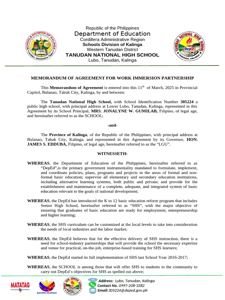 MOA - Work Immersion - PLGU | PDF | Employment | Legal Liability