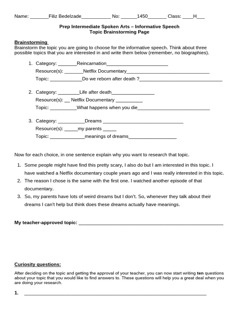 04. Informative Speech - Brainstorming and Curiosity Questions | PDF