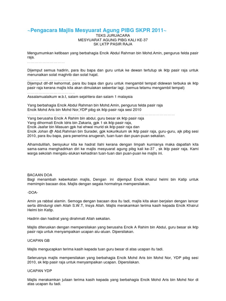 Teks Mesyuarat Agung Pibg (Contoh) | PDF