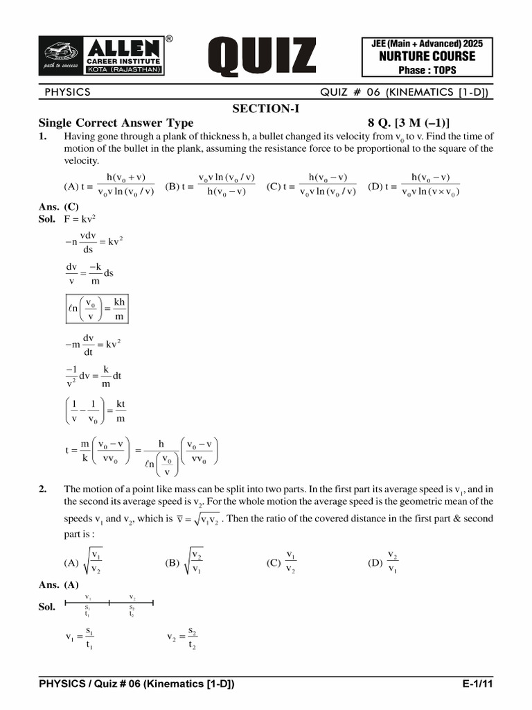 06 # Quiz (With Solution) - Kinematics (1-D) | PDF