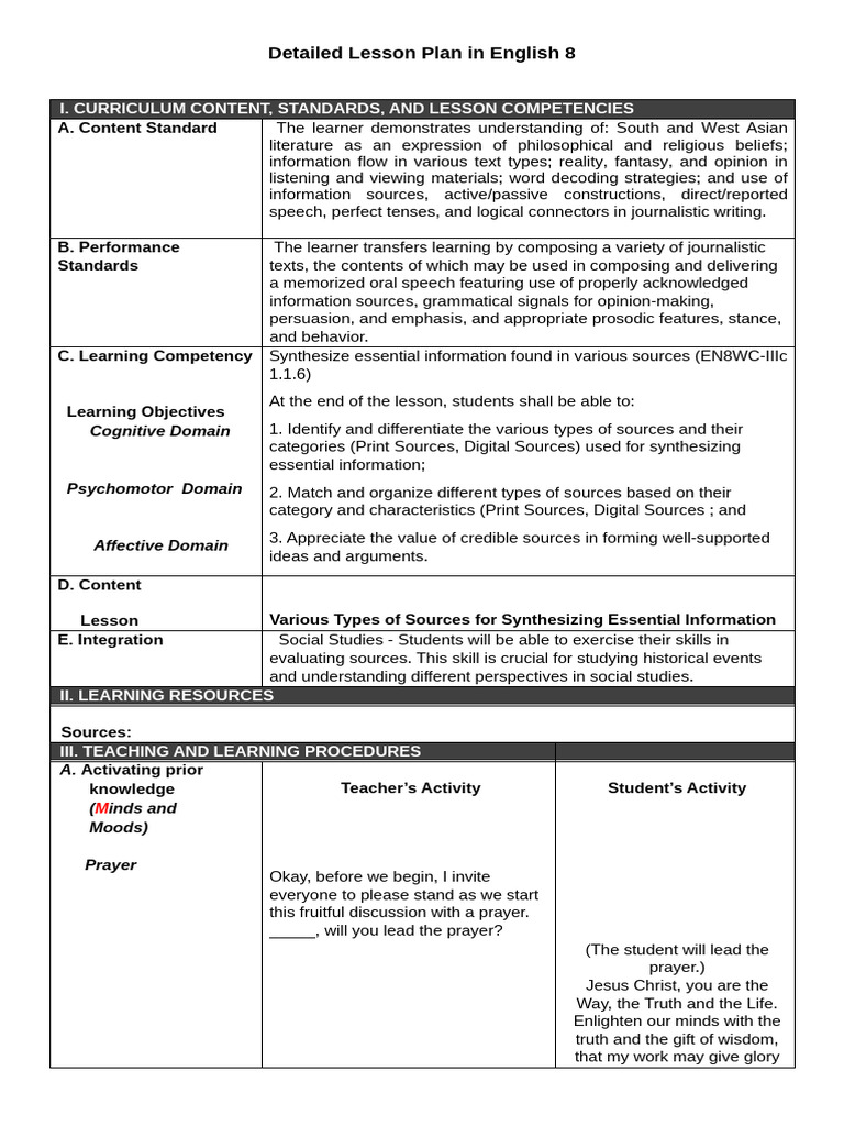 SESUCA - Rough Draft of Detailed Lesson Plan For Final Demo Teaching ...
