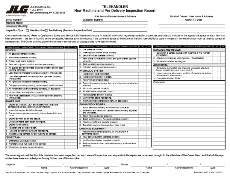 Telehandler New Machine and Pre Delivery Inspection Report | PDF ...