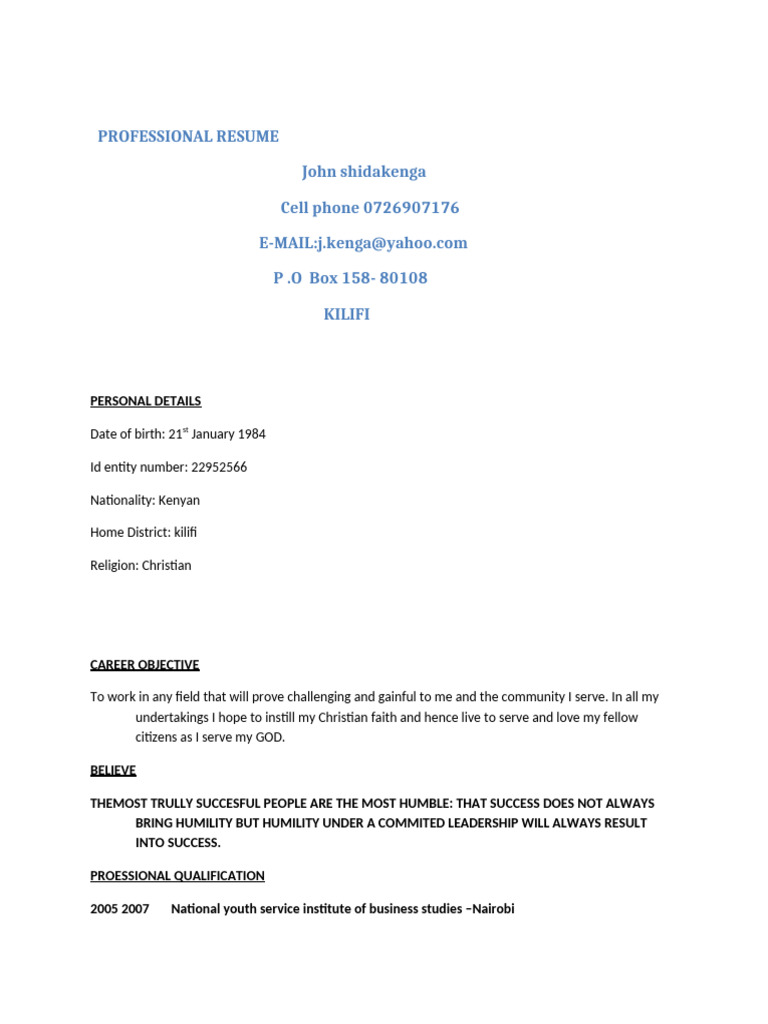 Kenga John CV 24th March | PDF | Business