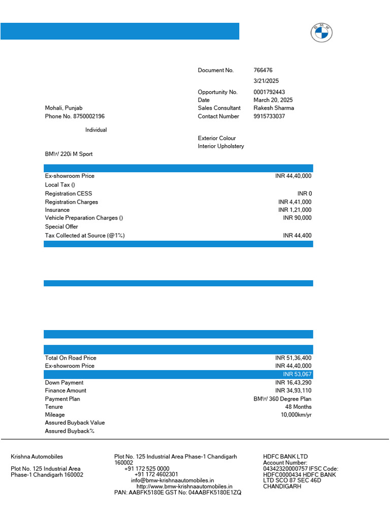 Mr. Twinkle . 220i m Sport Proforma Invoice (1) | PDF | Invoice