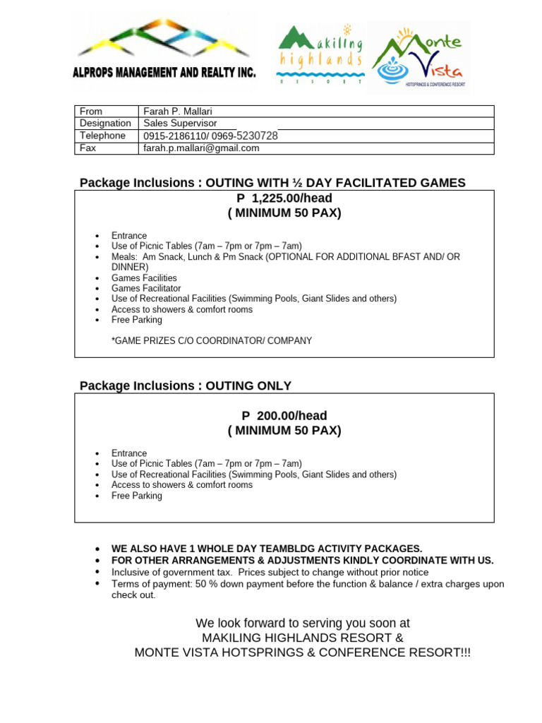 Makiling Highlands Resort Pricing Details | PDF