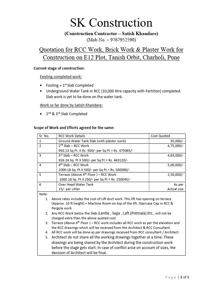RCC Work Quotation from Satish | PDF | Building Engineering | Real Estate