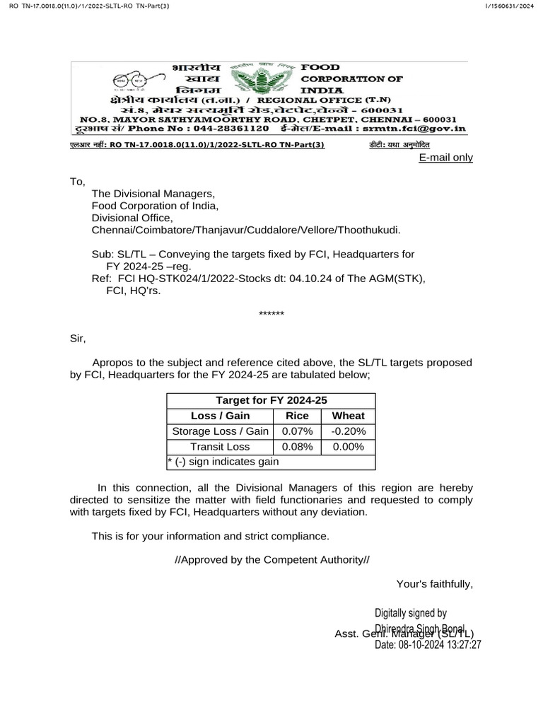 FCI Targets for FY 2024-25 | PDF