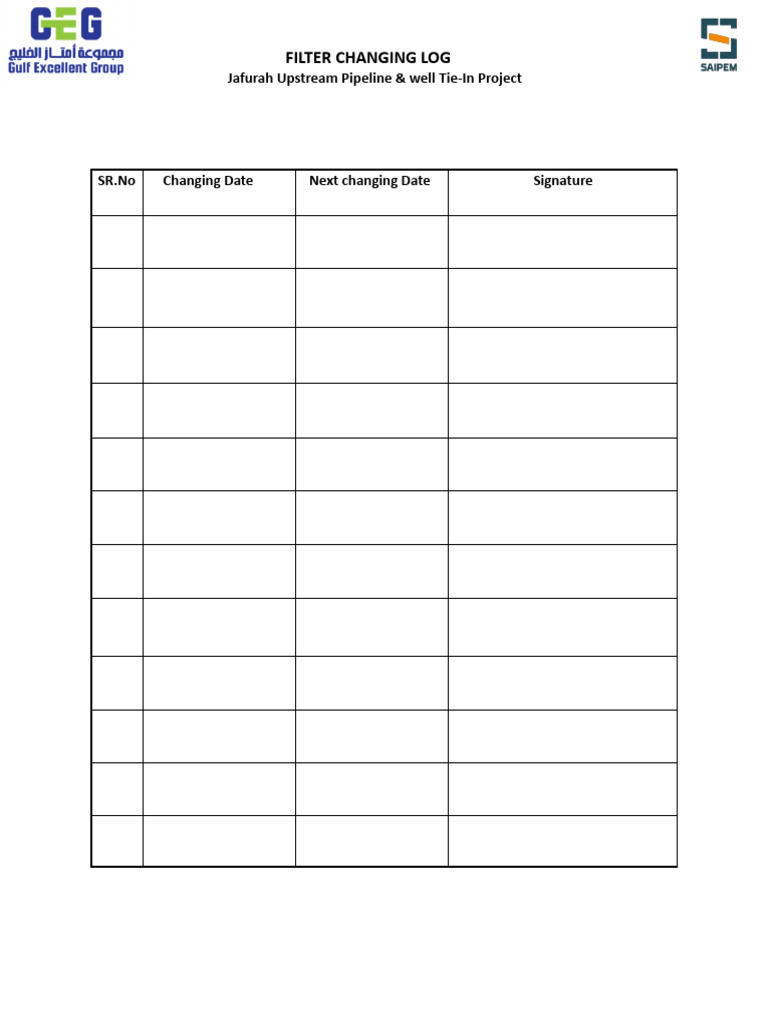 Filter Change Log for Jafurah Project | PDF