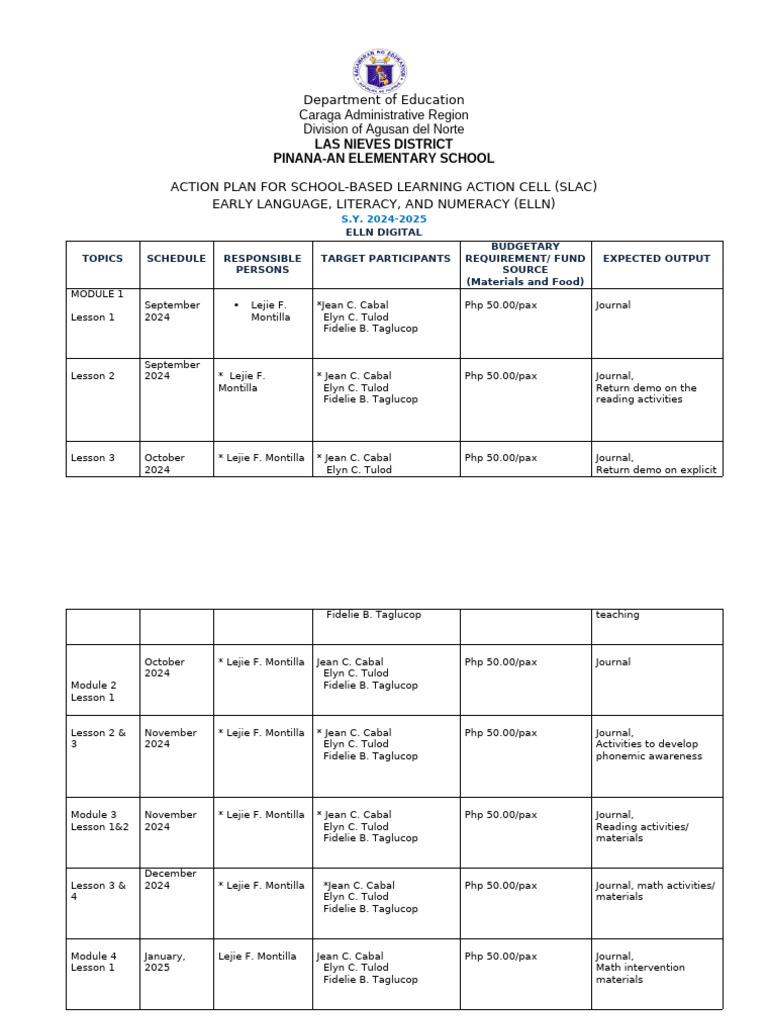 SLAC Action Plan for ELLN 2024-2025 | PDF | Learning Methods ...