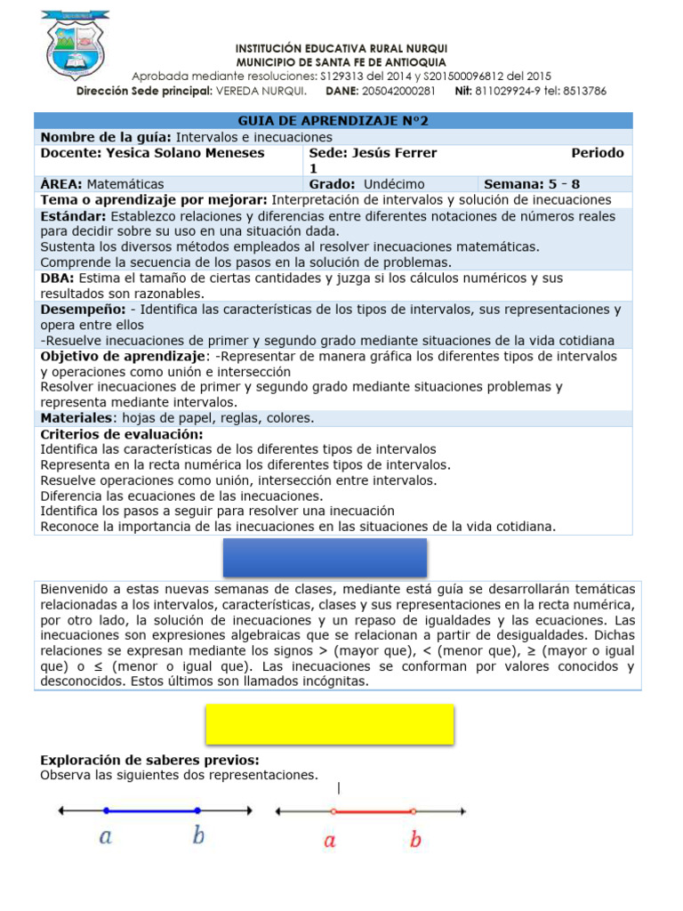 11° Guía 2 Periodo 1 Matemáticas - (Semanas 5 - 8) Intervalos e ...