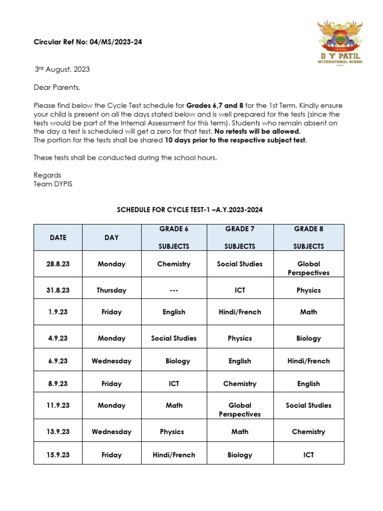 Cycle Test Schedule for Grades 6-8 | PDF
