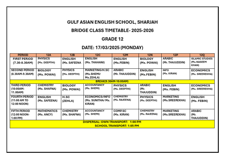 Gulf Asian School Grade 12 Timetable 2025 | PDF