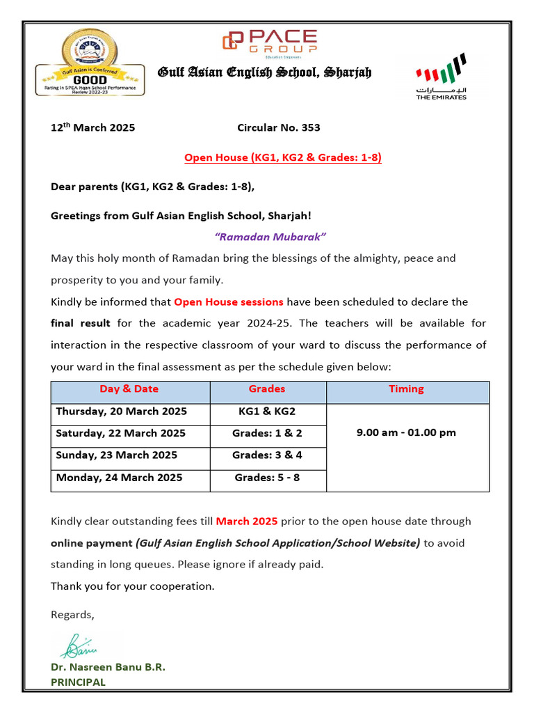 Open House- KG1, KG2 & Grades 1-8 - Parents Circular No. 353 | PDF