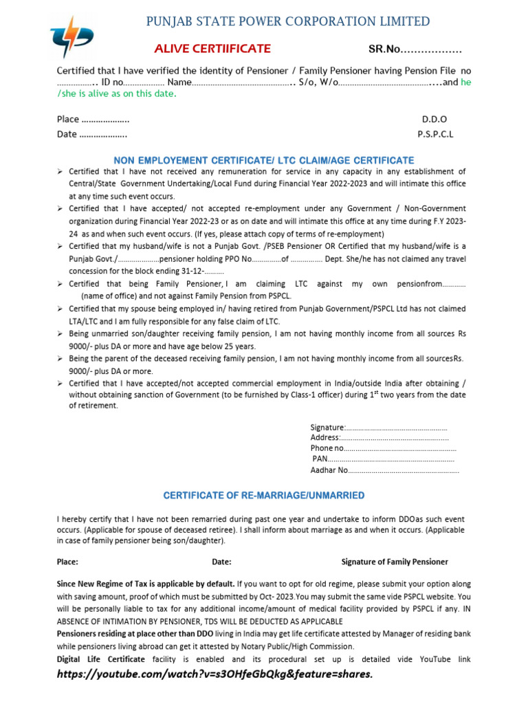 PSPCL Pensioner Life Certificate Form | PDF | Government Finances | Taxes
