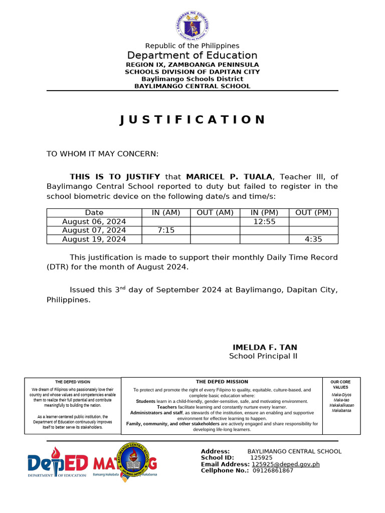 Letter-justification-letter-for-dtr | PDF | Behavior Modification ...