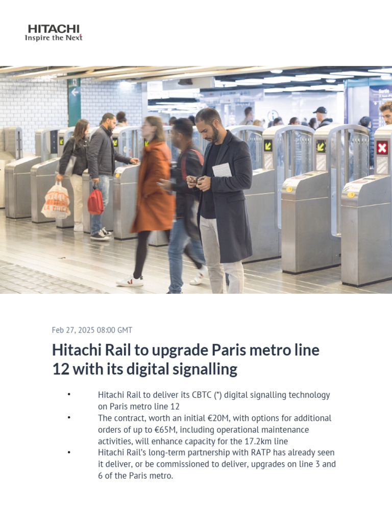 Hitachi Rail To Upgrade Paris Metro Line 12 With Its Digital Signalling ...