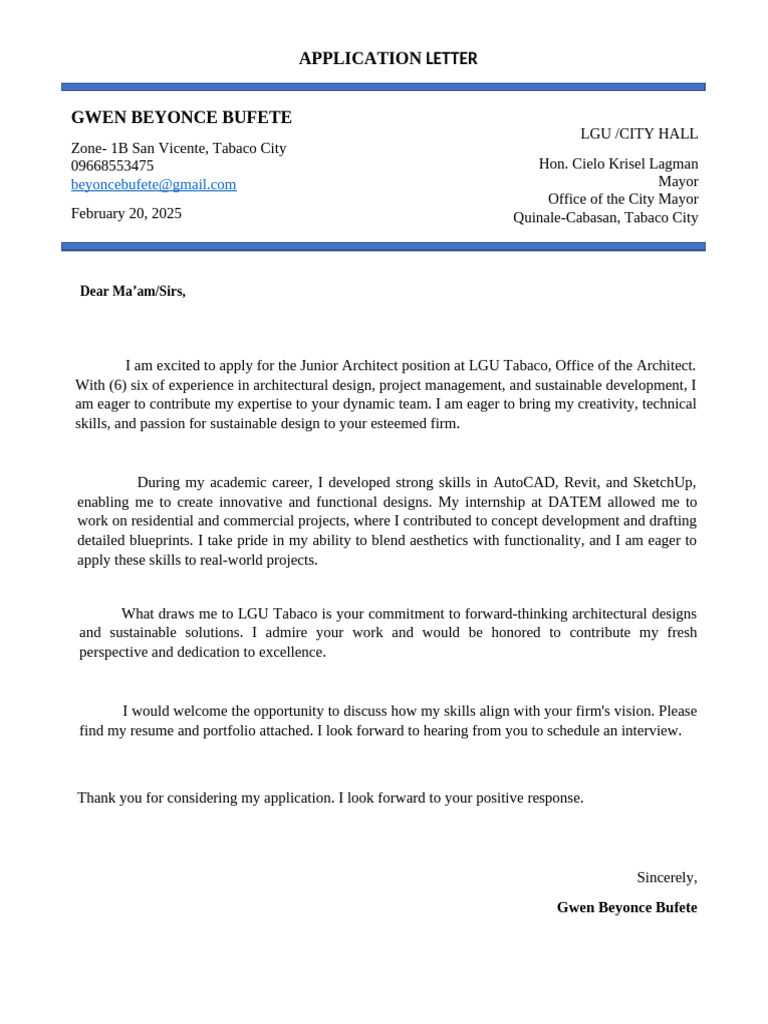 Application Letter | PDF | Cognition