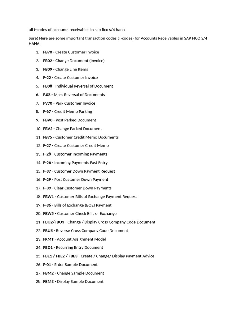 T-Codes For Sap Fico | PDF | Invoice | Payments