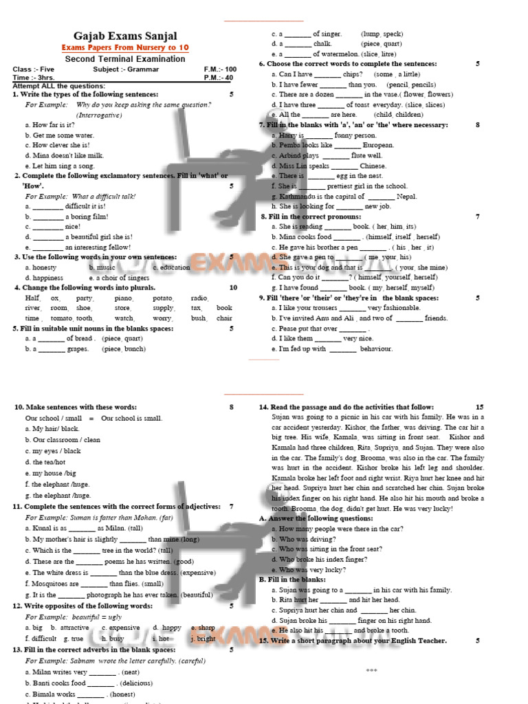 Grammar Exam Paper of Class 5 | PDF | Languages | Foreign Language Studies