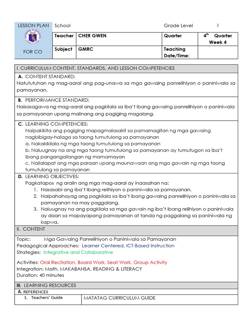 Lesson-Plan Cot - 1 | PDF
