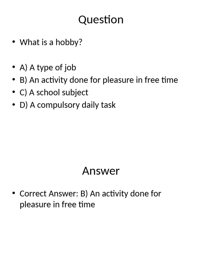 Hobbies MCQ Presentation With Options | PDF