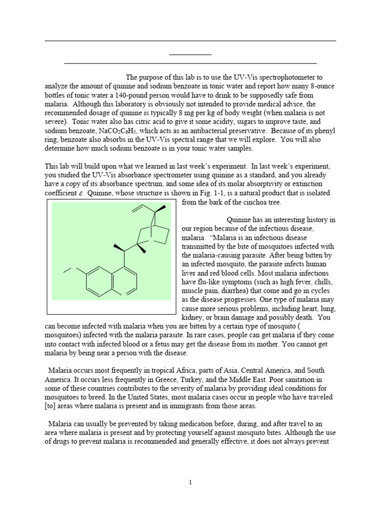 Lab 2 Quinine by UV-Vis Absorbance | PDF | Malaria | Ultraviolet ...