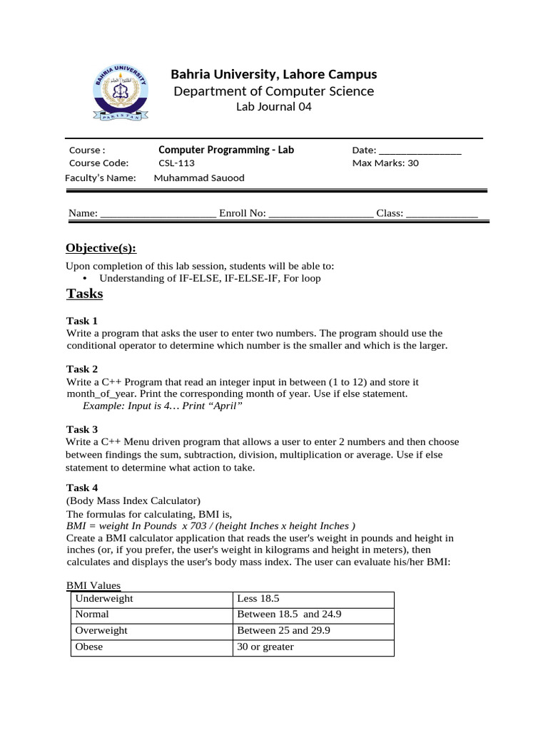 C++ Programming Lab Tasks | PDF | Body Mass Index | Computer Programming