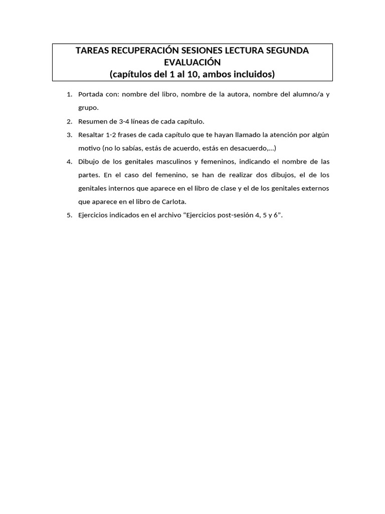Tareas Sesiones Lectura Segunda Evaluación | PDF