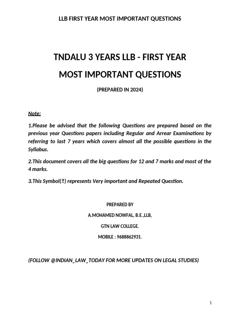 LLB First Year Important Questions | PDF | Crimes | Crime & Violence