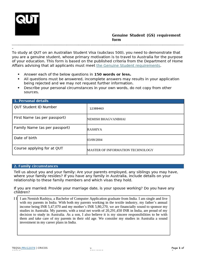 Genuine Student Requirement Form 09.12.2024 | PDF | Cost Of Living ...