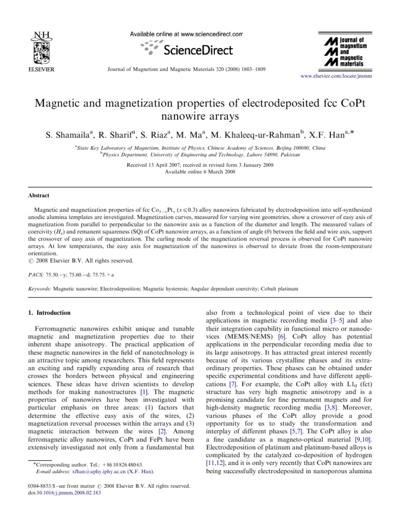 2008-JMMM-320-1803-CoPt Nanowires-M02 | PDF | Nanowire | Anisotropy