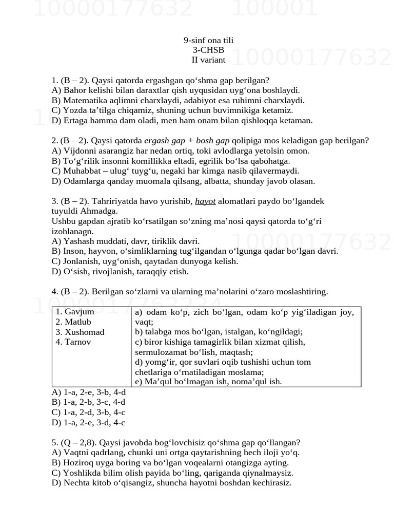 Ona Tili - 9-Sinf - 3-CHSB - II Variant | PDF